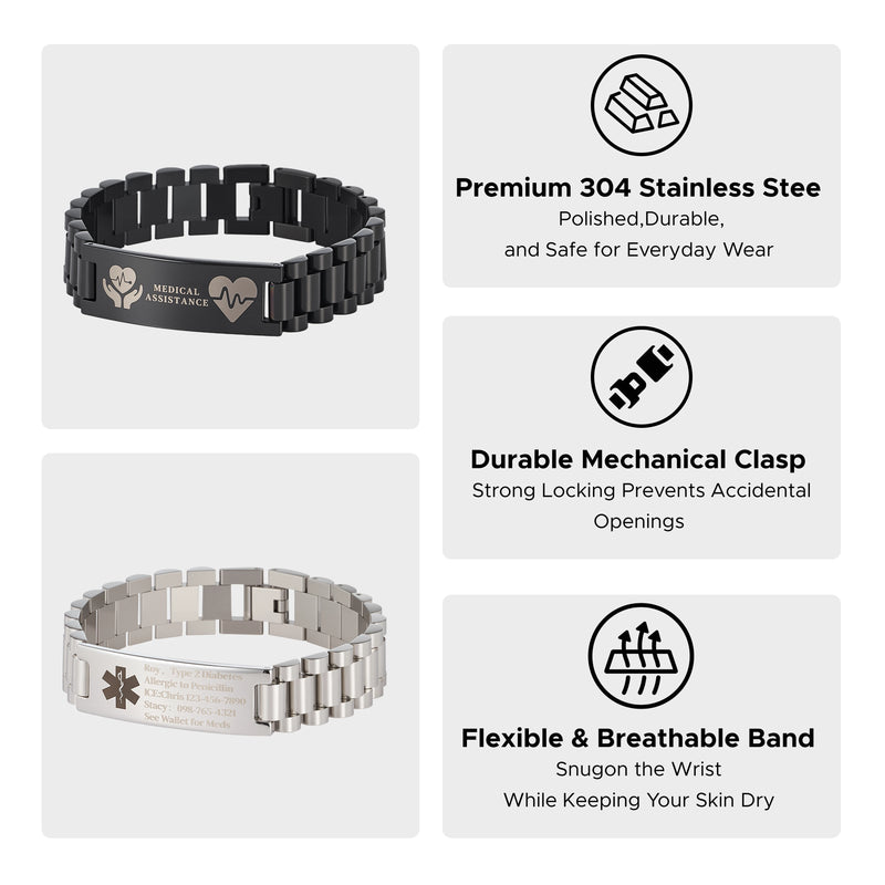 OMTech Medical Alert ID Bracelets, Stainless Steel Adjustable Wrist St